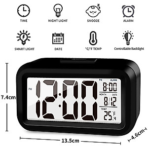 KAIJIELY Upgraded Digital Alarm Clock, 4.3" LED Display with Temperature Larger Lound Light Control Portable Snooze Calendar Brightness with Battery Powered Alarm Clocks Bedside for Everyone (Black)