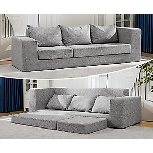 Hobestluk Folding Sofa Bed Couch Convertible Floor Sofa Beds for Adults Foldable Sleeper Sofa Lounge with Three Pillows for Living Room Fold-Out Floor Chair Beds for Bedroom Apartment Office(Grey)