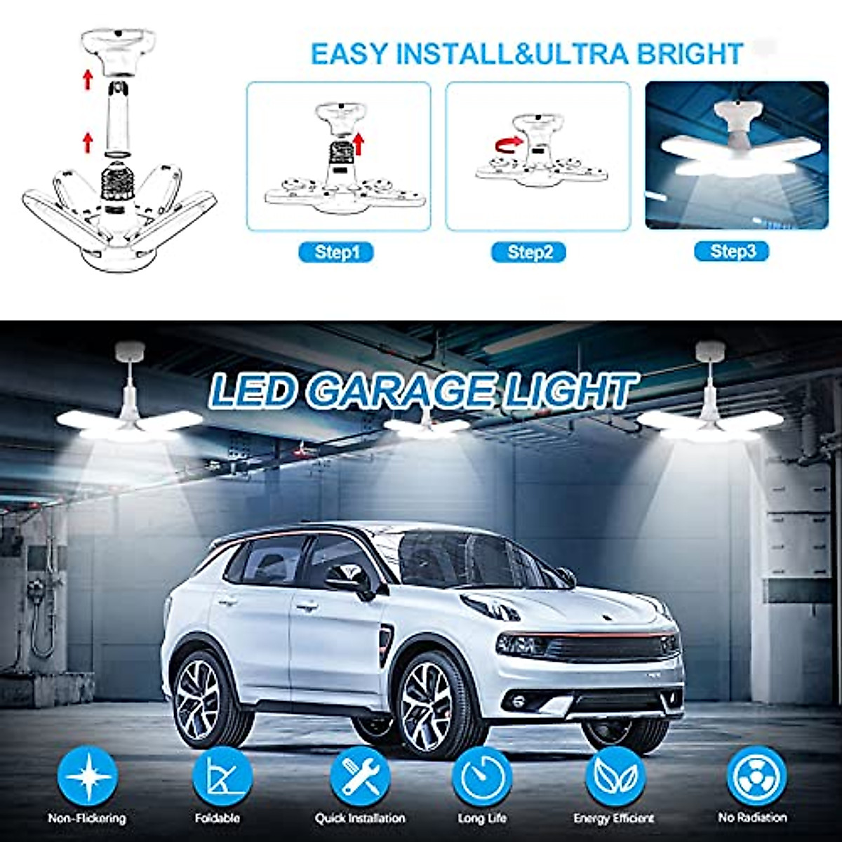 GoolRC 4 Pack LED Garage Lights, 48W 6000LM 6500K E27/B22 LED Garage Ceiling Lights with 4 Adjustable Panels for Garages, Workshop,Indoor, Outdoor