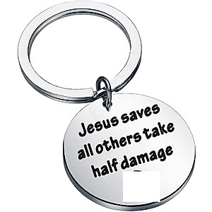 BEKECH Dragons Game Inspired Gift Role Playing Funny Jesus Saves All Others Take Half Damage Keychain DM Dragon D20 Dice Gift RPG Gamer Gift (silver)