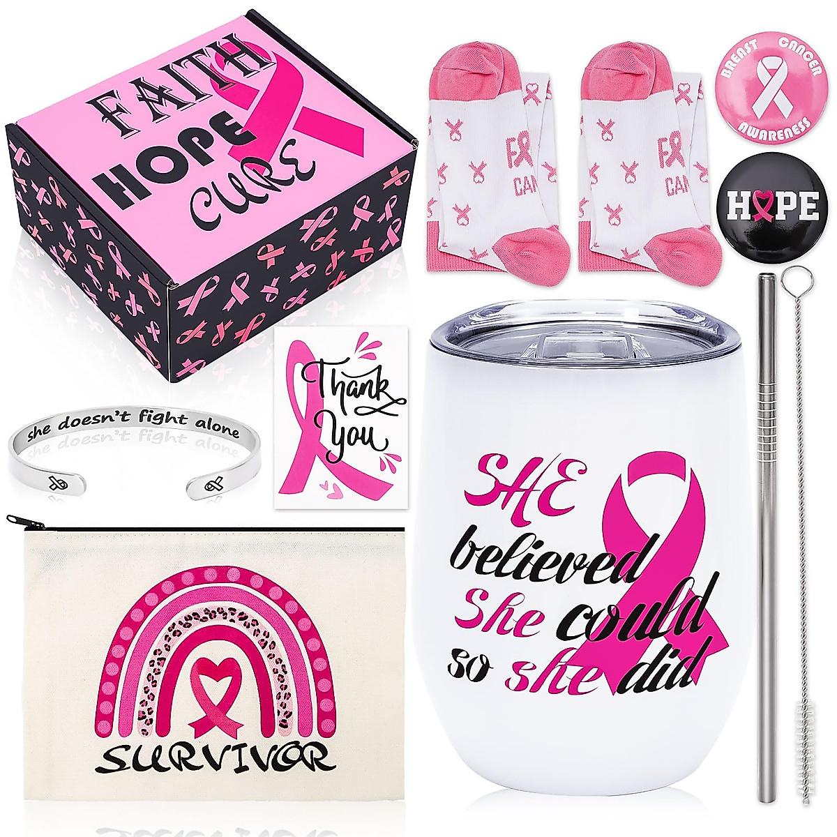 Whaline 8Pcs Breast Cancer Awareness Gifts Set for Women Survivor with Pink Ribbon Gift Box Tumbler Bracelet Makeup Bag Greeting Card Badge Socks for Hospital Fundraising Supplies