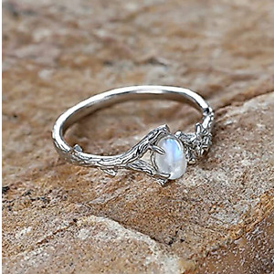 HUKQBUNX 925 Sterling Silver Natural Moonstone Ring Feminine Branch Flower Lady Shiny Wedding Engagement Ring Birthday Party Ring Size 6-10 (Size 9)