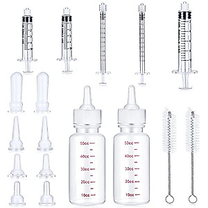 17 Pieces Pet Nursing Bottle Kit Including 2 Pet Feeding Bottle, 8 Replacement Pet Feeding Nipples, 5 Dog Nursing Syringes in 1 Ml, 5 ml and 10 Ml, 2 Cleaning Brushes for Kittens, Puppies, Rabbits