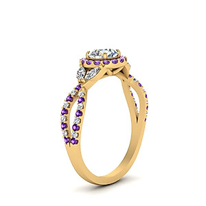 Gemsonclick Floral Split Shank Halo Engagement Ring yellow gold plated Natural Amethyst Round shape purple color Halo Engagement Rings prong setting. in Size 4 Fashion Jewelry