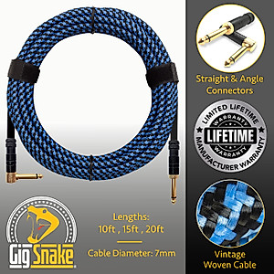 Guitar Cable 10 ft - 1/4 Inch Right Angle Blue Instrument Cable - Professional Quality Electric Guitar Cord and Amp Cable - Low Noise Bass and Guitar Lead - Reliable Cords for a Clean Clear Tone