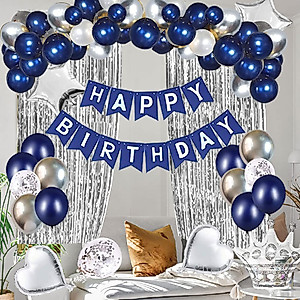 Navy Blue Silver Happy Birthday Party Decorations Set for Men Boys Women Girls, Banner, Crown Balloon, Fringe Curtains, Cake Topper for 13th 16th 18th 21st 25th 30th 40th 50th 60th 70th Party Supplies