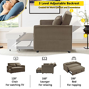 HUMEHA 57" Convertible Sleeper Sofa Bed, 3 in 1 Upholstered Velvet Loveseat Sofa with Put Out Bed, Modern 2 Seats Couch with Adjustable Back, 2 Pillows Side Pocket for Living Room RV, Brown