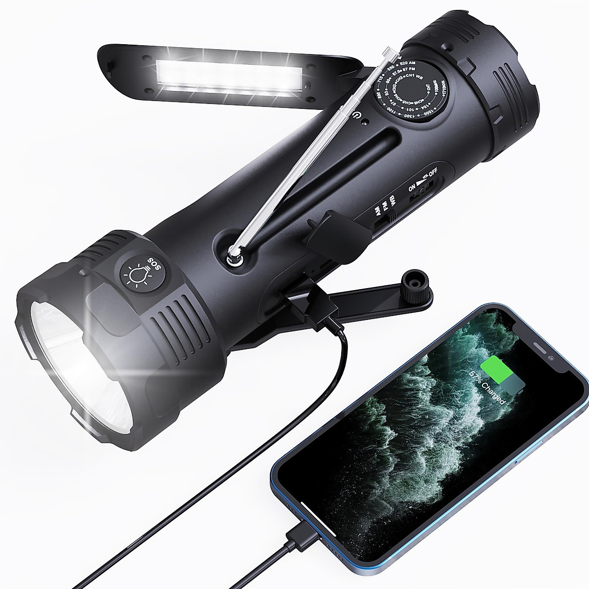 PPLEE NOAA Emergency Flashlight Rechargeable with Weather Radio,AM/FM Weather Alert Solar Hand Crank Survival Radio,Battery Powered Radio,Reading Lamp,USB Phone Charger,SOS Alarm