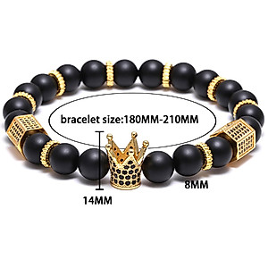 SEVENSTONE 8mm Crown King Charm Bracelet for Men Women Black Matte Onyx Stone Beads, 7.5"