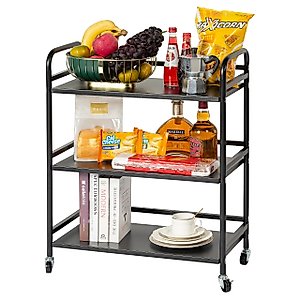DCLRN 3 Tier Rolling Cart with Lockable Wheels Sturdy Construction,Solid Shelves,Recessed Screw Holes Ideal for Kitchen and Home Storage Size:23.6" Dx11.8 Wx29.5 H(Black)