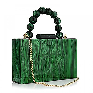 Acrylic Purses Evening Clutch Bag Marbling Handbags for Women Cross Body Bag with Pearl Chain Formal Wedding Prom Party (Dark Green)