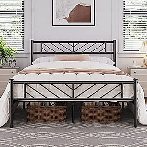 Yaheetech Queen Size Platform Bed Frame with Arrow Design Headboard, 13 Inches Metal Mattress Foundation for Storage, No Box Spring Needed, Easy Assembly, Modern, Black