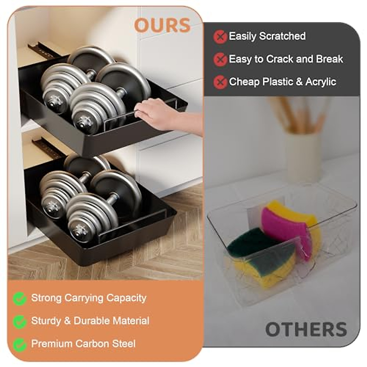 Sicamin 2 Pack Peel and Stick Pull Out Drawers for Cabinets, Adhesive Slide Out Drawers for Kitchen Cabinets Organizer, No Hardware Sliding Shelves Pantry Storage, 11.8”W x 16.5”D x 4.52" H, Black