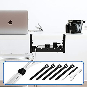 CaSZLUTION Under Desk Cable Management Tray, No Drill Steel Desk Cord Organizer with Clamp Mount, Retractable Wire Management Tray Under Table Cable Rack for Office Home - Black