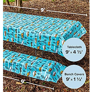 Camco Life is Better at the Campsite Tablecloth with Bench Covers | Provides a Clean Eating Surface for Outdoor Activities | Features an RV and Tree Sketch Design | (53380)