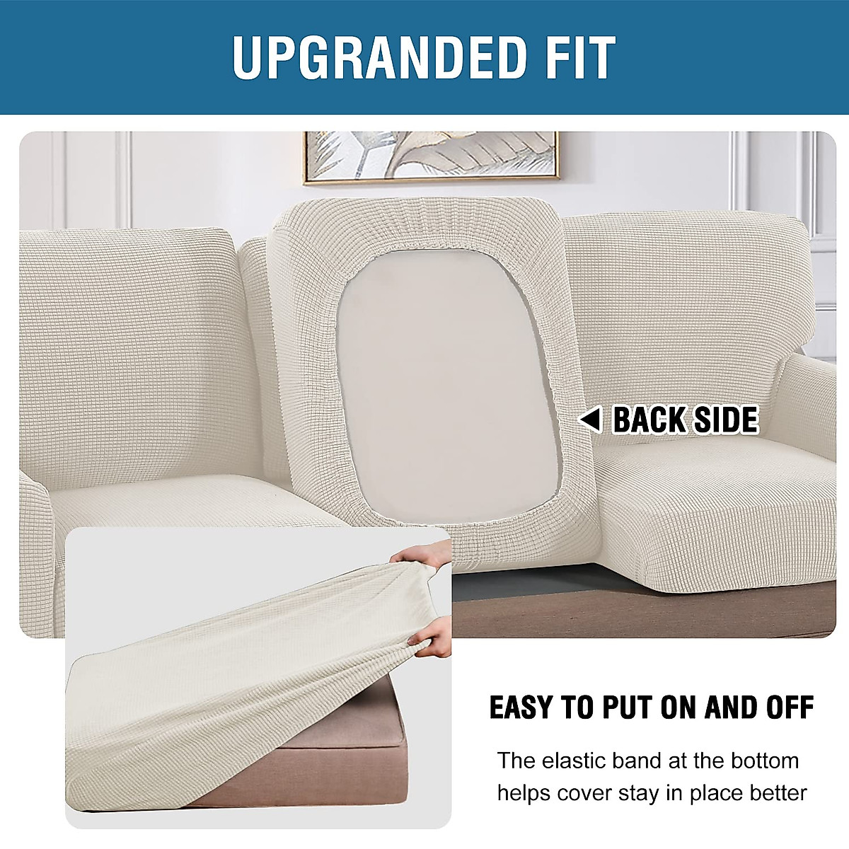 H.VERSAILTEX Multi-Pieces Sofa Covers Stretch Couch Covers Form Fitted Seats and Back Cushions Covers (3 Seat Covers Plus 3 Back Cusion Covers, Bonus 2 Armrest Covers), Ivory