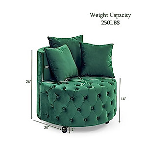 Tmsan Modern Swivel Chair, 30'' Green Velvet Barrel Chair with 3 Pillows, 360° Rotating Wheels for Living Room, Bedroom