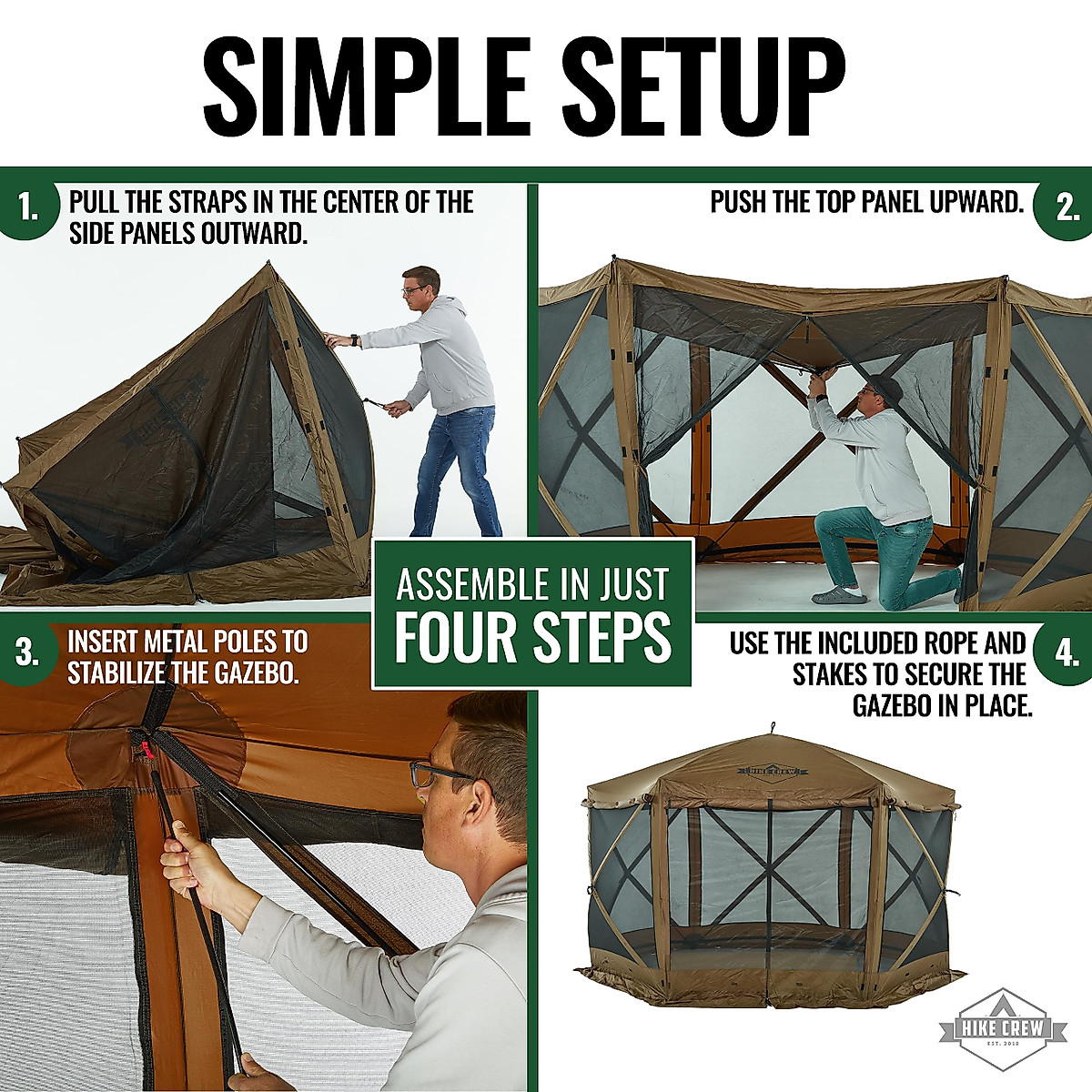 Hike Crew 12’x12’ Pop-Up Gazebo Screen Tent | 6-Sided Outdoor Canopy Shelter w/Built-in Zippered Wind Panels, Built-in Awning, Stakes, Ropes & Carry Bag for Camping & Sports | UV Resistant SPF 50+