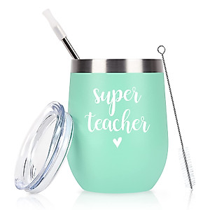 Super Teacher Stainless Steel Wine Tumbler, Christmas Birthday Appreciation Retirement Teacher’s Day Thank You Gifts for Teacher Tutor Professor Women, 12oz Insulated Wine Tumbler with Lid, Mint Green