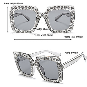 Armear Trendy Rhinestone Square Sunglasses Women Oversized Crystal Frame Gradient Lens Eyeglasses Silver 67mm