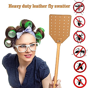 19.5" Sturdy Leather Fly Swatter for Indoors, Heavy Duty Flyswatter with Durable Wooden Handle, Fly Swatters with Hanging Rope for Flies, Bees (Brown & Black)