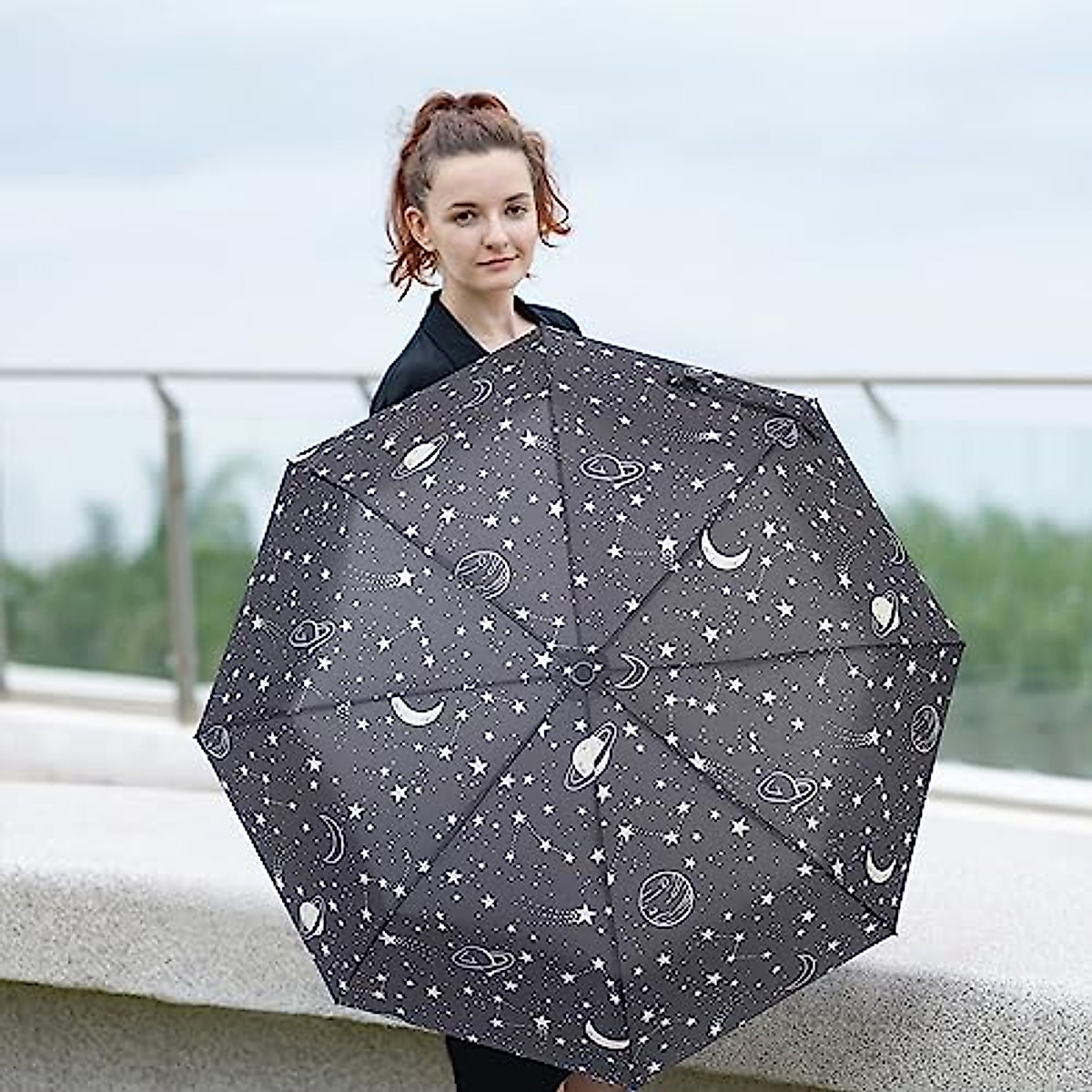 LFLFWY Compact Windproof Travel Umbrella- Large Light Automatic Open&Close Umbrellas for Rain,Triple Canopy Vented Portable Umbrellas for Men Women ,Strong Wind Resistant Folding Umbrella 10 Ribs (Starry Sky)
