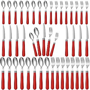 Sabary 40 Pcs Handle Silverware Stainless Steel Sets for 8 Flatware Cutlery with Colored Handles 8 Dinner Knife, 8 Dinner Fork, 8 Salad Fork, 8 Dinner Spoon, 8 Dessert Spoon for Home(Red)