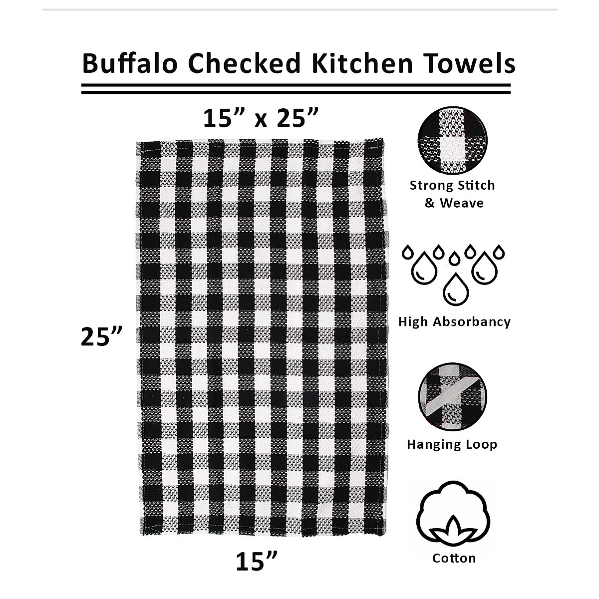 fillURbasket Buffalo Plaid Black Kitchen Towels and Dishcloths Set Check Dish Towels with Dishcloths for Washing Drying Dishes 100% Cotton 15”x 25” 8 Piece Kitchen Set