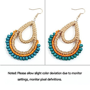 CALORVIA Bohemian Rattan Wooden Beads Handmade Teardrop Earrings Dangle Drop Jewelry for Women (Blue)
