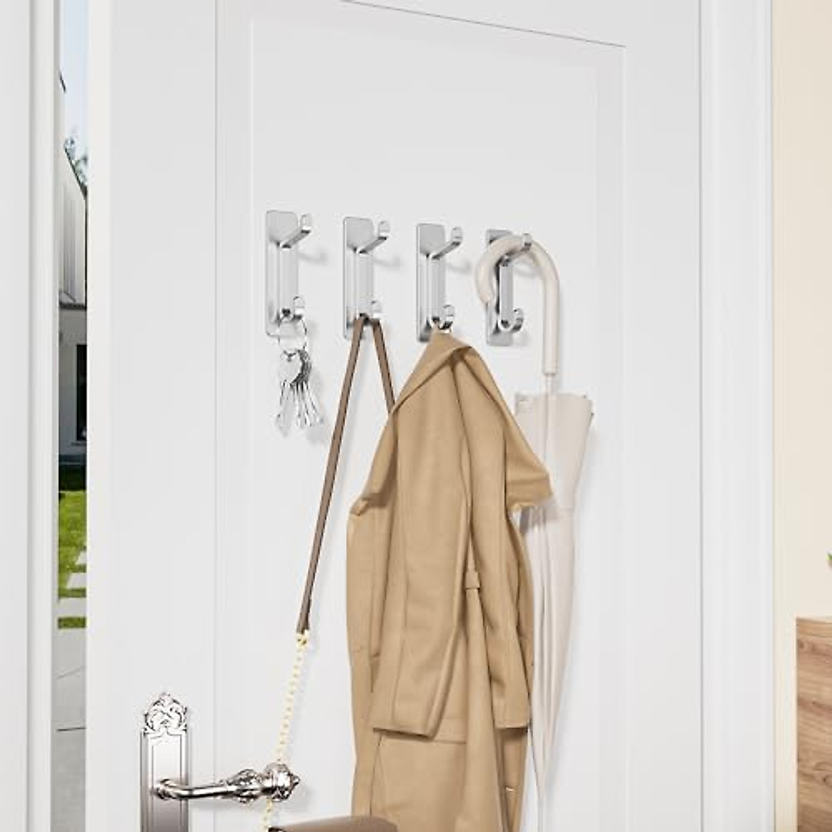 pickpiff Adhesive Coat Hooks, Extra Sticky Waterproof Metal Hook for Hanging Towels, Wreath, Purse, Hat, Cloth, Wall Mounted Hanger for Shower Bathroom Kitchen Door Heavy Duty, Silver, 4 Pack