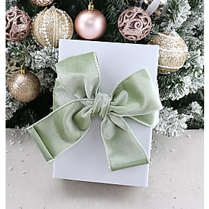 DINDOSAL Sage Green Velvet Ribbon Wired 2.5" x 10 Yards Green Christmas Ribbon Wired Edge Christmas Tree Wired Ribbon for Wreaths, Tree Topper Bows, Crafts, Home Decor, Gift Wrapping