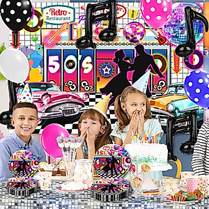 50s Party Decorations - Music Birthday Party Supplies Backdrop Banner- Paper Dinner Dessert Plates Tinsel Curtains Tablecloth Balloons 50's Music Theme Birthday Party Decorations Party Favors