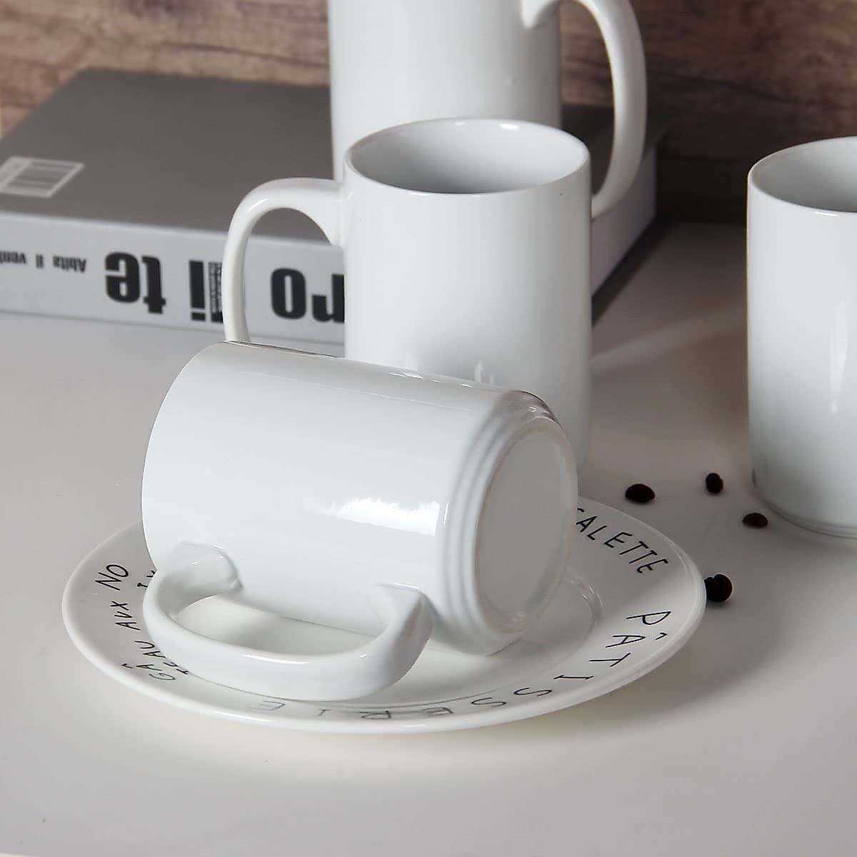 16 OZ Porcelain Coffee Mugs, Smilatte Classic Blank Ceramic Cup with Large Handle for Tea Latte Cappuccino, Set of 4, White