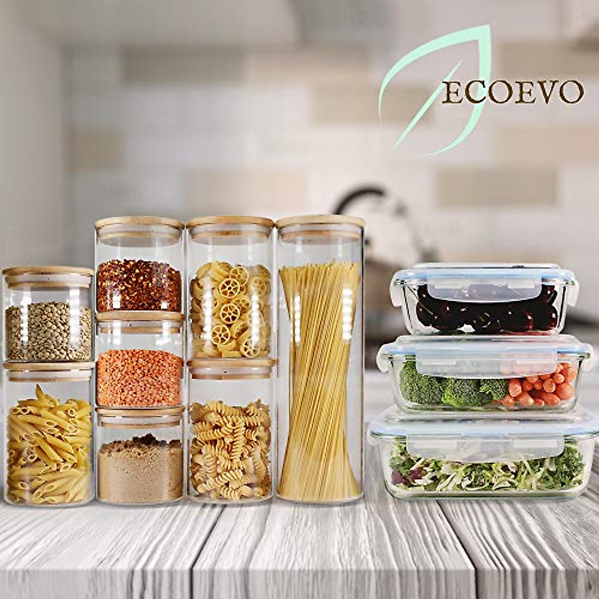 EcoEvo Glass Jars with Bamboo Lids (27oz in 6 Pack), Glass Food Jars and Canisters Sets, Glass Food Storage Jars with Airtight Lids, Glass Canisters with lids, Glass Pantry Jars, Glass Jars with Lids.