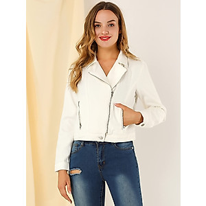 Allegra K Women Biker Notched Lapel Asymmetric Zip Moto Denim Jackets Small White