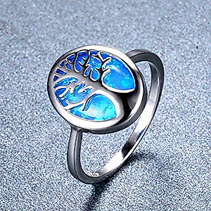 XINSHUN Tree of Life Ring, 925 Sterling Silver Opal Ring, Opal Ring for Women(blue 6)