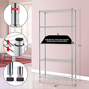 5 Tier Wire Shelving Unit 72"x36"x14" Storage Metal Shelf Sturdy Steel Heavy Duty Layer Rack Organization for Restaurant Garage Pantry Kitchen Space-Saving Overall Garage Rack Chrome