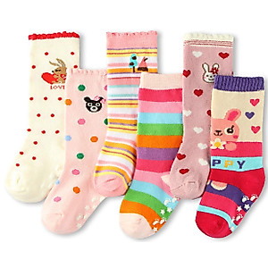 6 Pairs Toddler Girl Knee High Grip Socks, Baby Socks Girl School Socks Anti Slip for Kids Girl (6 Pairs, 12-36 Months)