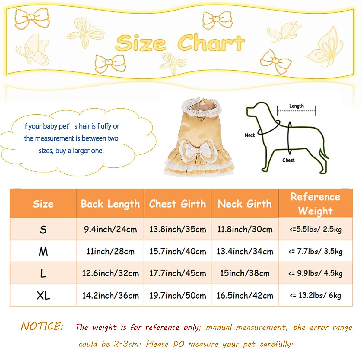 Albrost Dog Dress Harness Vest with Matching Leash, Golden Bow-Knot Puppy Dresses D Ring, Cute Leash Set, Princess Multi-Layer Pleated Skirt Pet for Small Cat (Medium), Golden,Gold,White