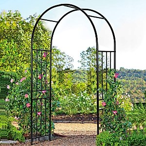 LDAILY Moccha Garden Arch Arbor Trellis, 7.2Ft Outdoor Steel Arbor with Stakes, Metal Archway for Climbing Plants, Wide Sturdy Durable Garden Arch for Lawn, Party, Ceremony Wedding Decoration, Black