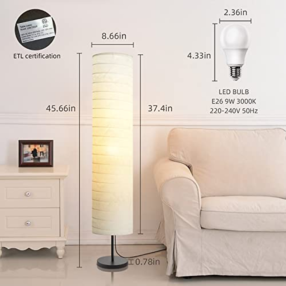 Modern Floor Lamp, Dimmable 3 Levels Brightness Paper Tall Lamp Standing Lamps with Lampshade, 55'' Minimalist Floor Lamps for Office, Kids Room, Reading, Home Decor (White)