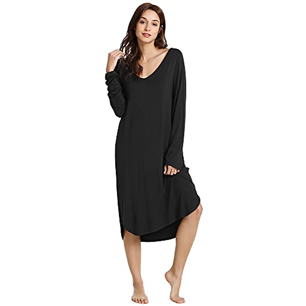 WiWi Viscose from Bamboo Nightgowns for Women Soft Long Sleeve Sleep Shirt Plus Size Pajamas S-4X, Black, 3X