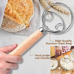 Danish Dough Whish Bread Mixer, 2 Pack Stainless Steel Dutch Whisk Hand Mixer Wooden Handle Kitchen Baking Tool for Baking Cake Dessert Sourdough Pizza and Pastry, Artisian Blender.