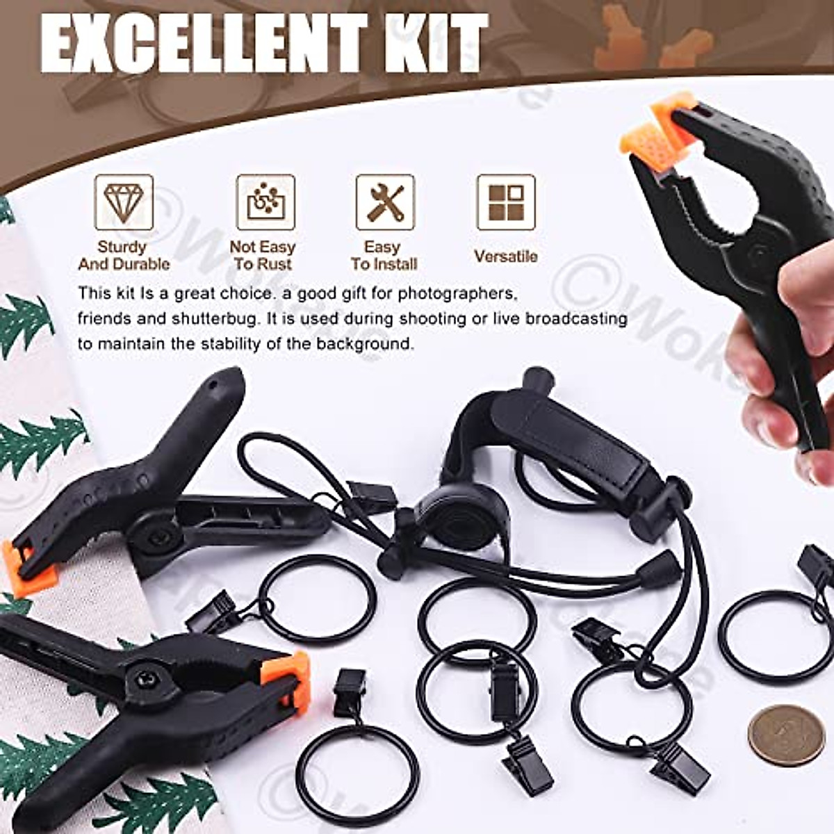 WOKAPE 22 Packs Photography Backdrop Clips Clamps, Include 10 Curtain Ring Clips, 6 Spring Clamps, 6 Leather Background Clips Holder for Photo Studio Backdrop Background Helper Photo Clamp