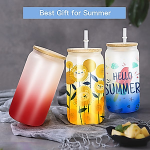 AGH 16oz Frosted Sublimation Glass Cups with Bamboo Lids and Straws, 5 Pcs Beer Can Glass Straight Sublimation Glass Tumbler, BPA-Free Glass Coffee Cups, Can Shaped Glass Cups - Gradient Orange