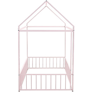 INDSUMOT Twin Size Montessori Floor Bed, Metal House Bed Frame with Fence Rails, Kids Playhouse Beds for Girls Boys Teens, Pink