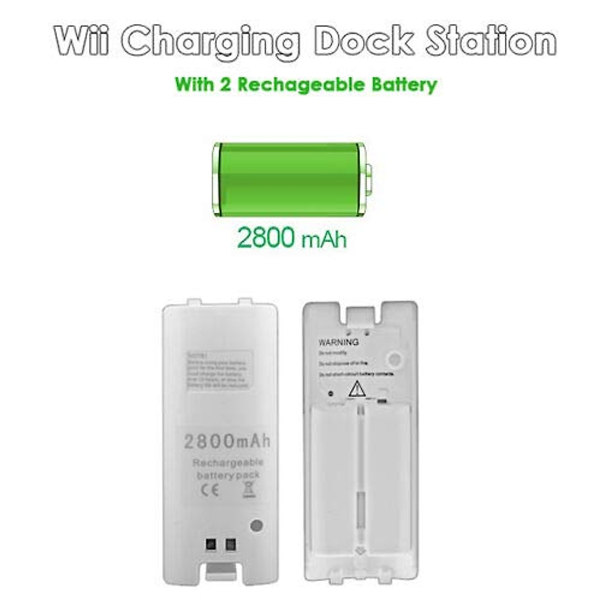 Wii Charging Station, Dual Charger Dock with Two Rechargeable 2800mAH Batteries for Wii Remote Controller(White)