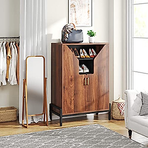 Tribesigns Shoe Cabinet, 7-Tier Large Shoe Storage Cabinets for Entryway 23 Pairs Shoes Cabinet with 3 Display Case and Adjustable Partition, Rustic Brown