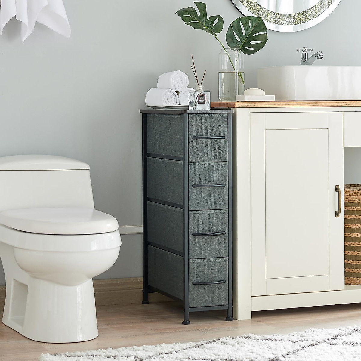 Somdot Narrow Dresser with 4 Drawers, Slim Storage Chest of Drawers with Removable Fabric Drawers for Closet Small Spaces Bathroom Bedroom Laundry, Charcoal Grey