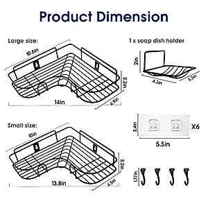 Huryfox Corner Shower Caddy Bathroom Organizer Shower Shelf with Soap Holder and Hooks, Adhesive Shower Shelves, Wall Mounted Shampoo Holder, 2 Pack Shower Racks for Inside Shower, Black